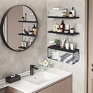 Szkiuqe 2-in-1 Floating Shelves, Bathroom Shelves with Storage Basket, Wall Mounted Rustic Wood Shelves, Farmhouse Wall Decor for Bedroom, Kitchen, Living Room and Plants - Black