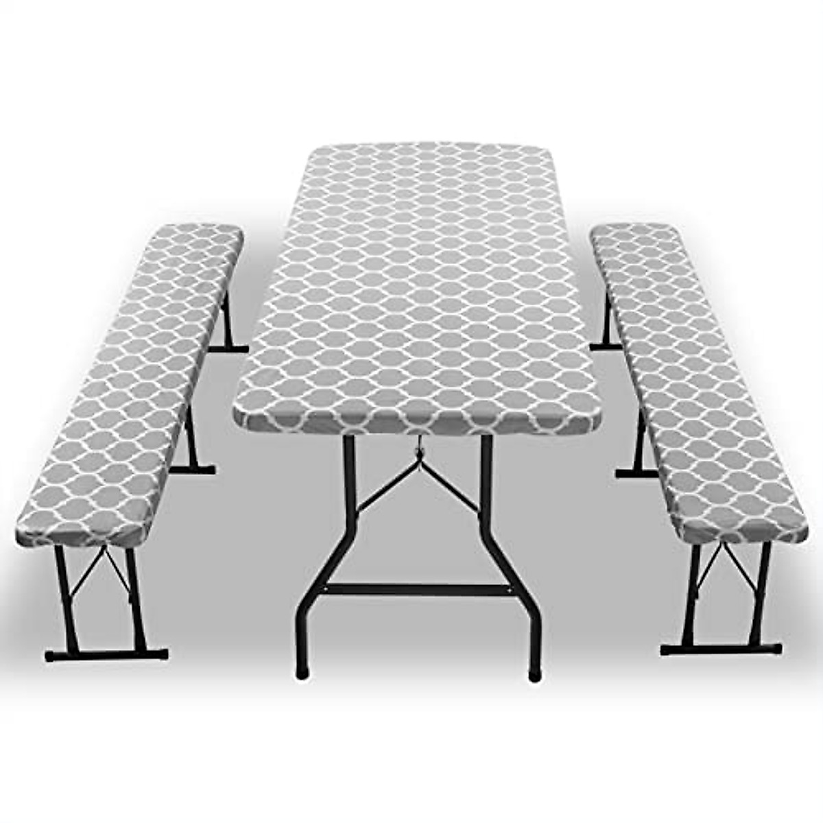 3 Pieces Picnic Table and Bench Fitted Tablecloth Cover Picnic Table Cover with Bench Covers for Picnics Indoor and Outdoor Dining (Gray Moroccan Pattern)