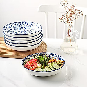 Selamica Porcelain Salad Pasta Bowls, Serving bowls, Microwave & Dishwasher Safe, Sturdy & Stackable - 26 Ounce, Set of 6, Vintage Blue