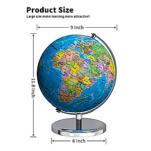 Waldauge Illuminated World Globe with Stand, 9" Earth Globes with Stable Heavy Metal Base for Kids Classroom Learning, LED Constellation Globe Night Light with HD Printed Map