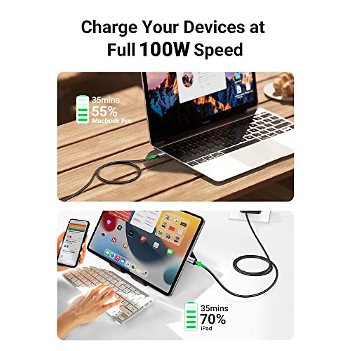 UGREEN 100W USB C to USB C Cable 2-Pack Type C Fast Charging Cable Compatible with MacBook Pro 2022, iPad Pro 2022, iPad Air 5, Samsung Galaxy S23/S22 Ultra, Pixel, PS5, Switch, etc. 3.3FT