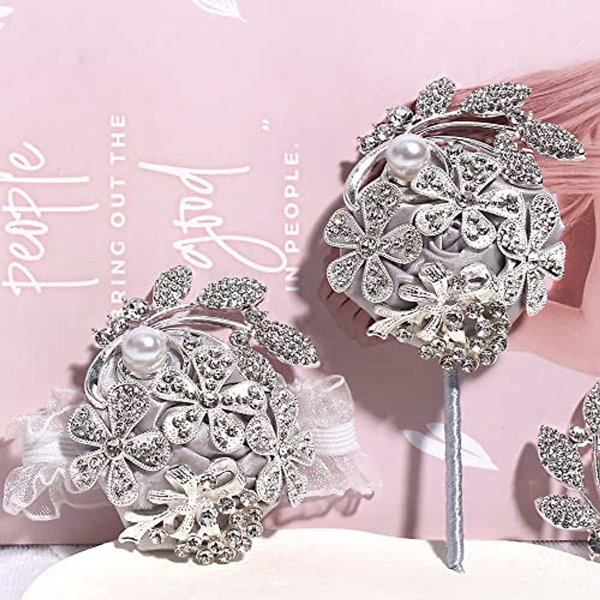 WANLIAN Wrist Corsage with Peal and Rhinestone Corsage and Boutonniere Set for Wedding,Prom,Party (Silver Gray，2 Pieces)