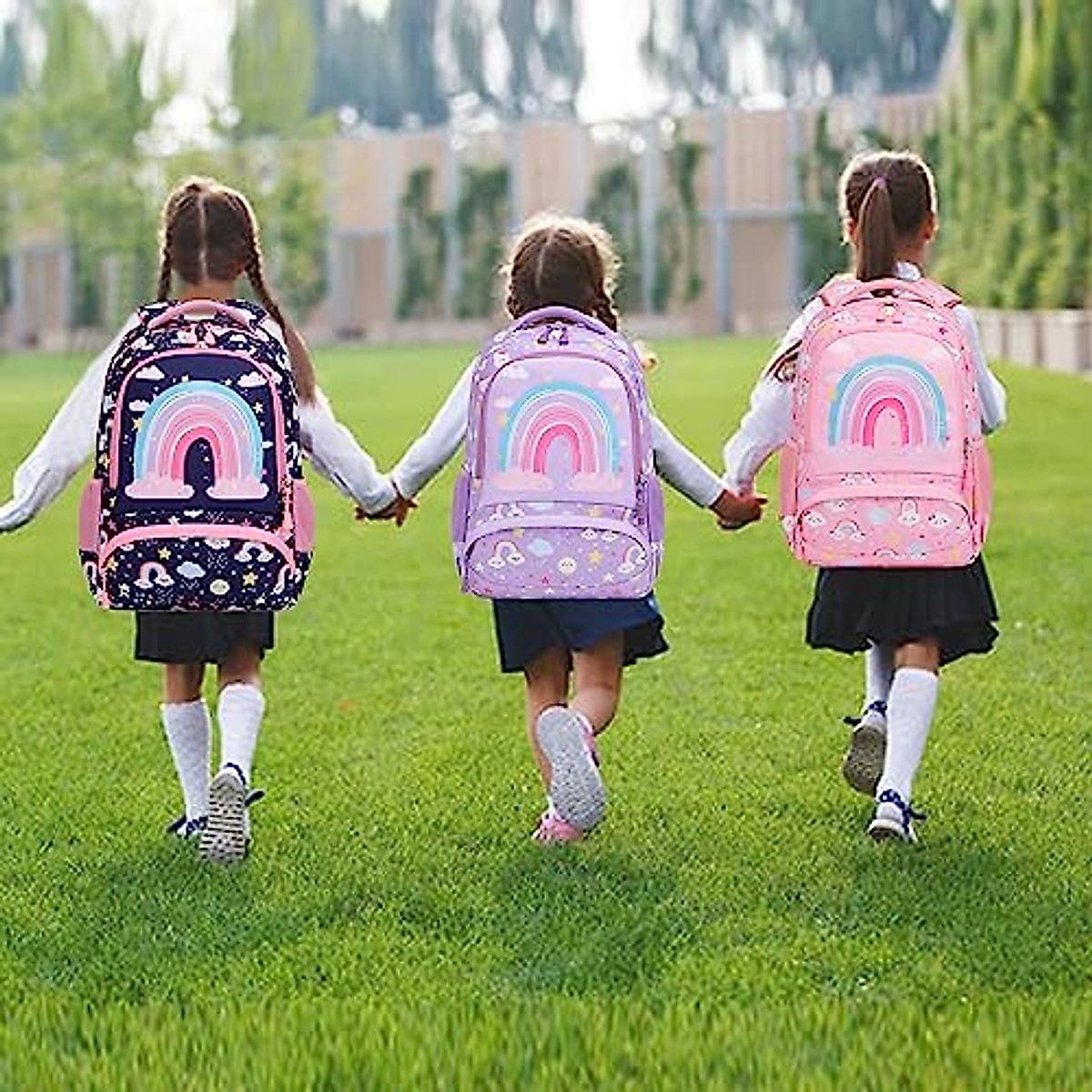 Girls Backpack for Elementary Rainbow Backpack 3 in 1 School Bookbag with Lunch Bag Pencil Case Purple Back to School