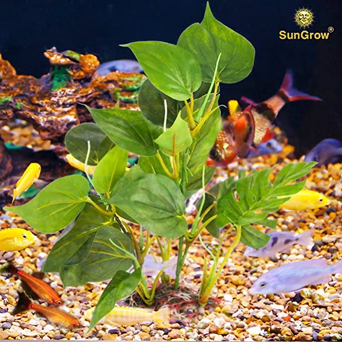 SunGrow 10" Plastic Leaf Plant, Heavy-Duty Ceramic Base, Hiding Spot for Fish, Betta, Angelfish, Gold Fish, Frog, Python, Reptiles, Amphibians