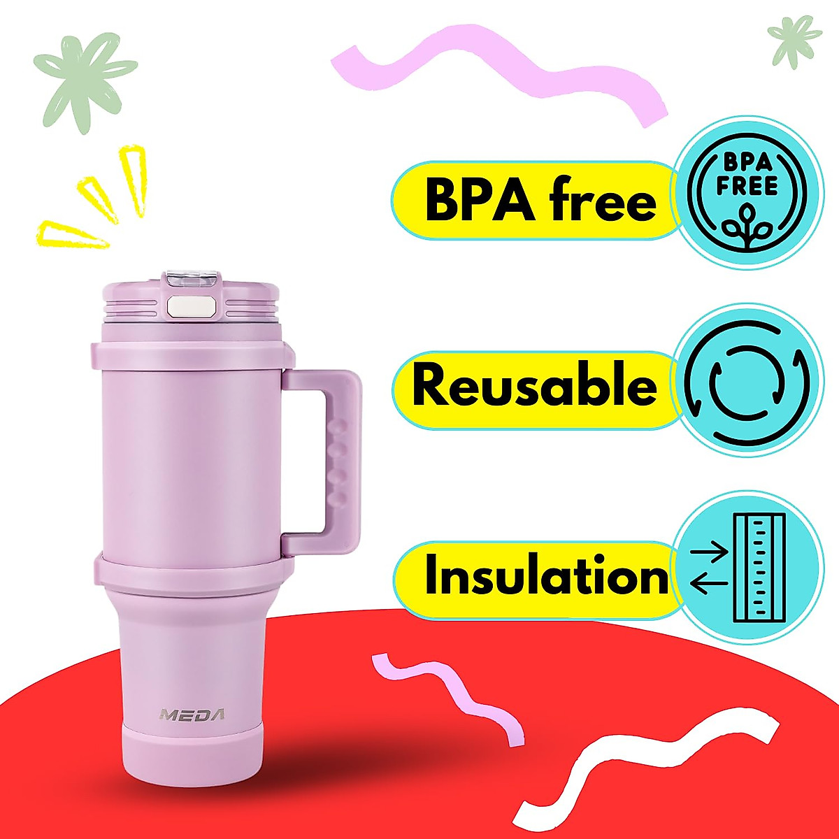 MEDA 40 oz Tumbler with Handle (Foldable) – Insulated, Reusable Stainless Steel Travel Coffee Mug – Perfect for Travel, Water, Iced Tea, Coffee – Ideal Easter Gift (Lilac)