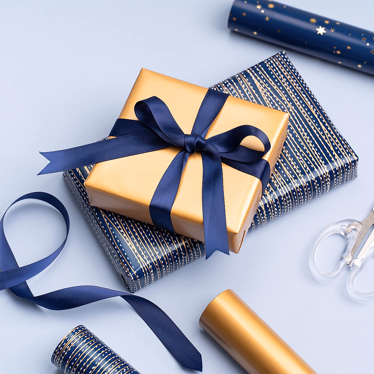 WRAPAHOLIC Wrapping Paper Roll - Mini Roll - 3 Rolls - 17 Inch X 120 Inch Per Roll - Navy and Gold Star/Stripe/Gold Pearlized Print for Birthday, Father's Day, Holiday, Party