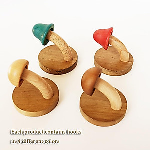 Auntzyj Fun Wooden Mushroom Coat Hook, Non-Perforated Solid Wood Hook, Kitchen Bathroom Cloakroom Door Hook (Red,4 pcs)
