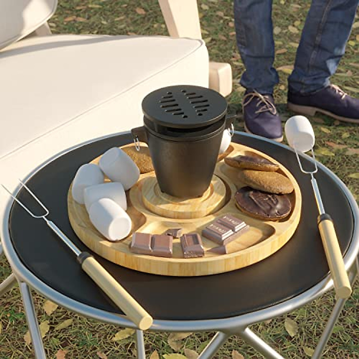 Mini Hibachi Grill Indoor - PuPu Platter Set Or Indoor Smores Kit With 2 Marshmallow Roasting Sticks For Fire Pit And A Bamboo Serving Tray - Smokeless Table Top Smores Maker