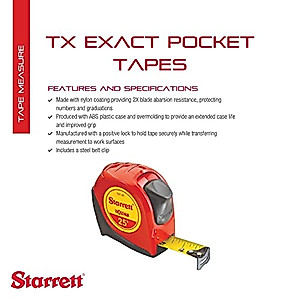 Starrett Exact Retractable Imperial Pocket Tape Measure with Nylon Coating, Steel Belt Clip and Self Adjusting End Hook - 1" Width x 25' Length - KTX1-25-N-SP01