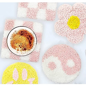Coasters for Drinks, Handmade Preppy Tufted Pink Pastel Smily Face Rug Cute Aesthetic Home Room Decor Coffee Table Gift 4Pcs
