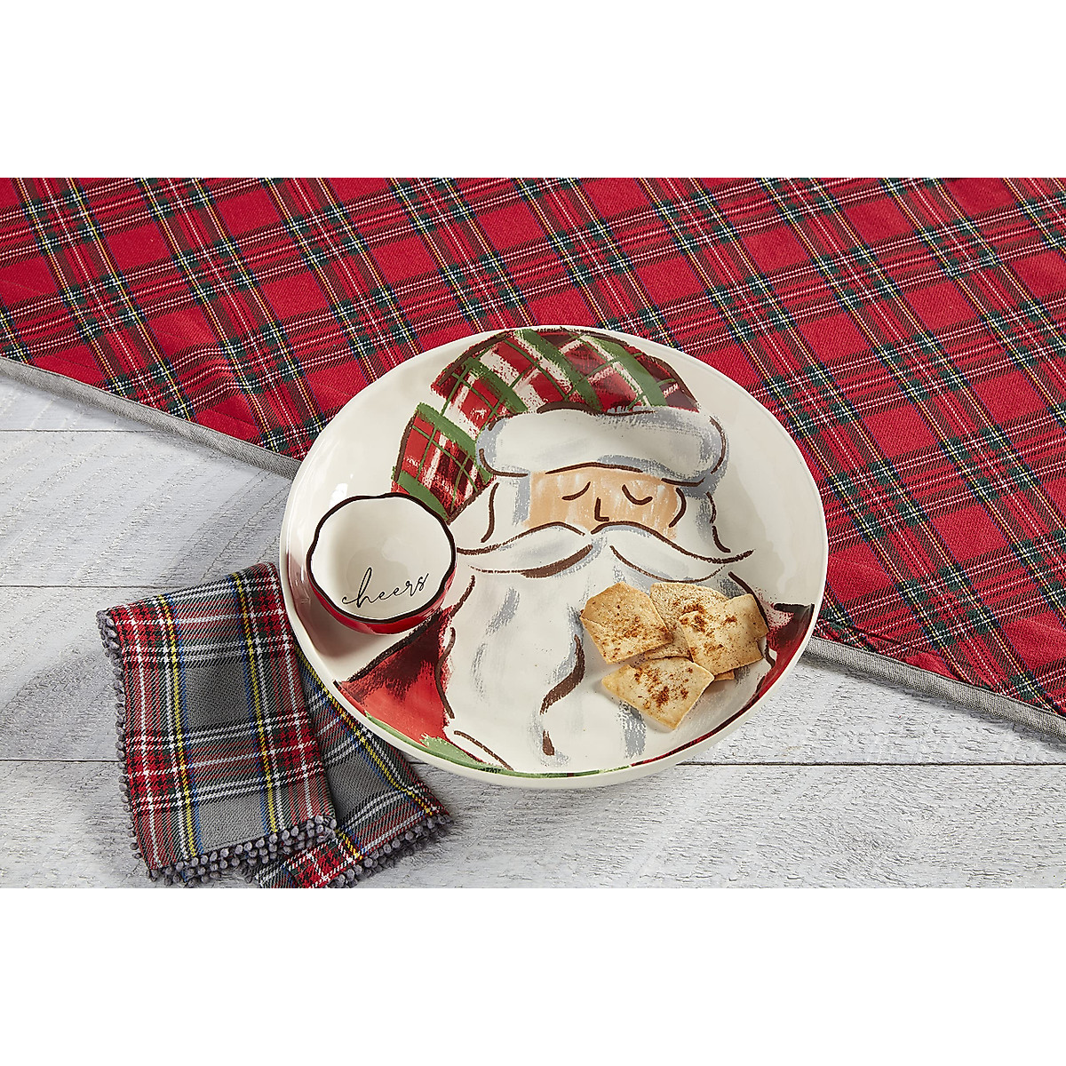 Mud Pie Tartan Christmas Santa Chip & Dip Set, chip 13" dia | dip 2 1/4" x 3 1/2" dia, Multi
