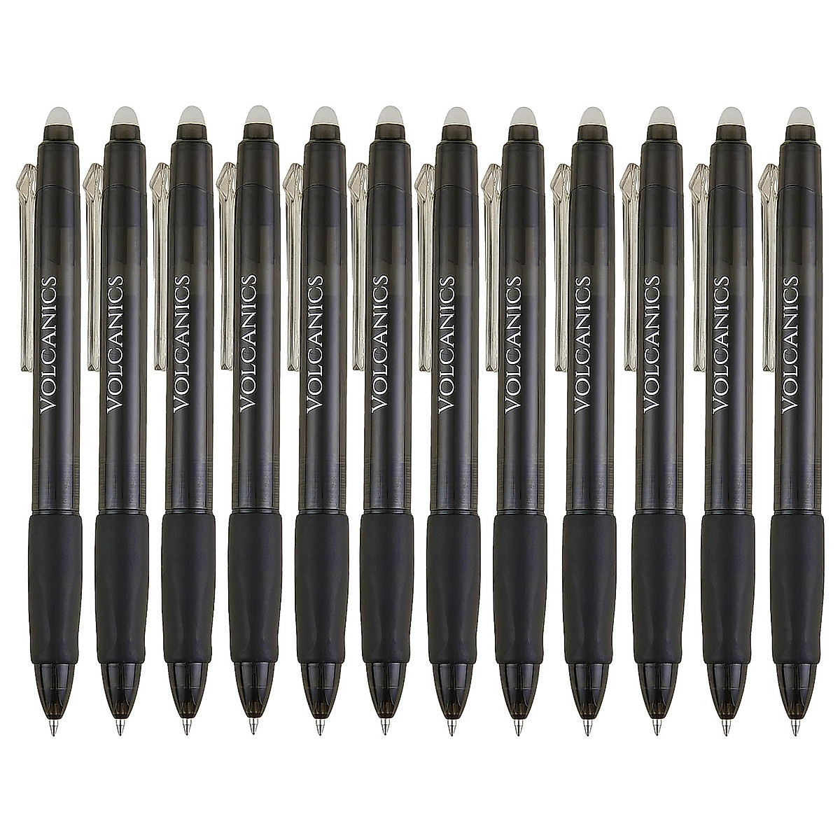 Volcanics Retractable Clicker Erasable Gel Pens - 0.7mm Ball Point, Heat Erase with Built-in Eraser, 12 Pack Black