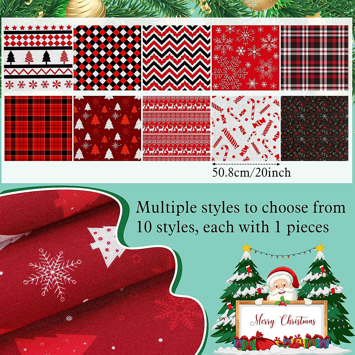 Hicarer 10 Pcs 20"x20" Christmas Cotton Fabric Square Bundles Red Black Reindeer Plaid Snowflake 10 Patterns Patchwork Christmas Fat Quarters for DIY Xmas Art Sewing Home Party Craft