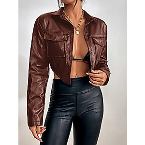 SweatyRocks Women's PU Leather Cropped Coat Casual Button Front Jacket with Bust Pocket Solid Brown M
