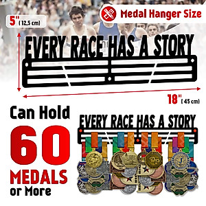 VICTORY HANGERS Evey Race Has a Story Medal Holder Display Rack - 3 Bars Black Coated 3 mm Steel Metal Hanger with Wall Mount Standoffs - 18 Inch Wide Holds 60 Medals or More