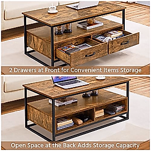 Yaheetech Farmhouse Coffee Table with Open Storage Shelves and 2 Drawers, 43.5" Length Center Table Cocktail Table with Metal Frame for Living Room, Rustic Brown