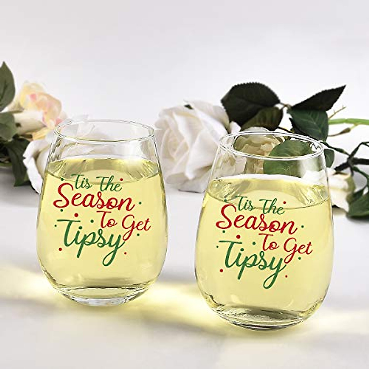 Tis the Season to Get Tipsy Christmas Stemless Wine Glass, Set of 2 Christmas Wine Glasses Funny Christmas Holiday Wedding Gifts for Women Friends Men family Wino, 15 Oz