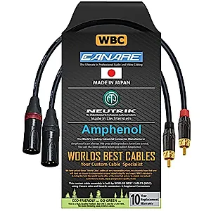 WORLDS BEST CABLES 1.5 Foot - RCA to XLR (Male) Cable Pair - Canare L-4E6S Star-Quad Audio Interconnect Cable & Amphenol ACPL RCA & Neutrik Male XLR Gold Plugs - CUSTOM MADE