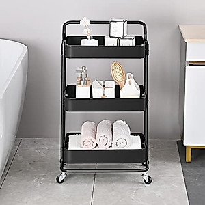 TOOLF 3 Tier Metal Rolling Cart, Utility Cart with Handle, Multifunction Storage Cart with Lockable Wheels, Serving Organizer Trolley with Mesh Basket for Kitchen, Bathroom, Office