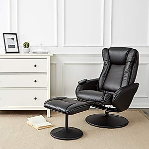 JC HOME Drammen Massaging Leather Recliner and Ottoman with Leather-Wrapped Base, Black