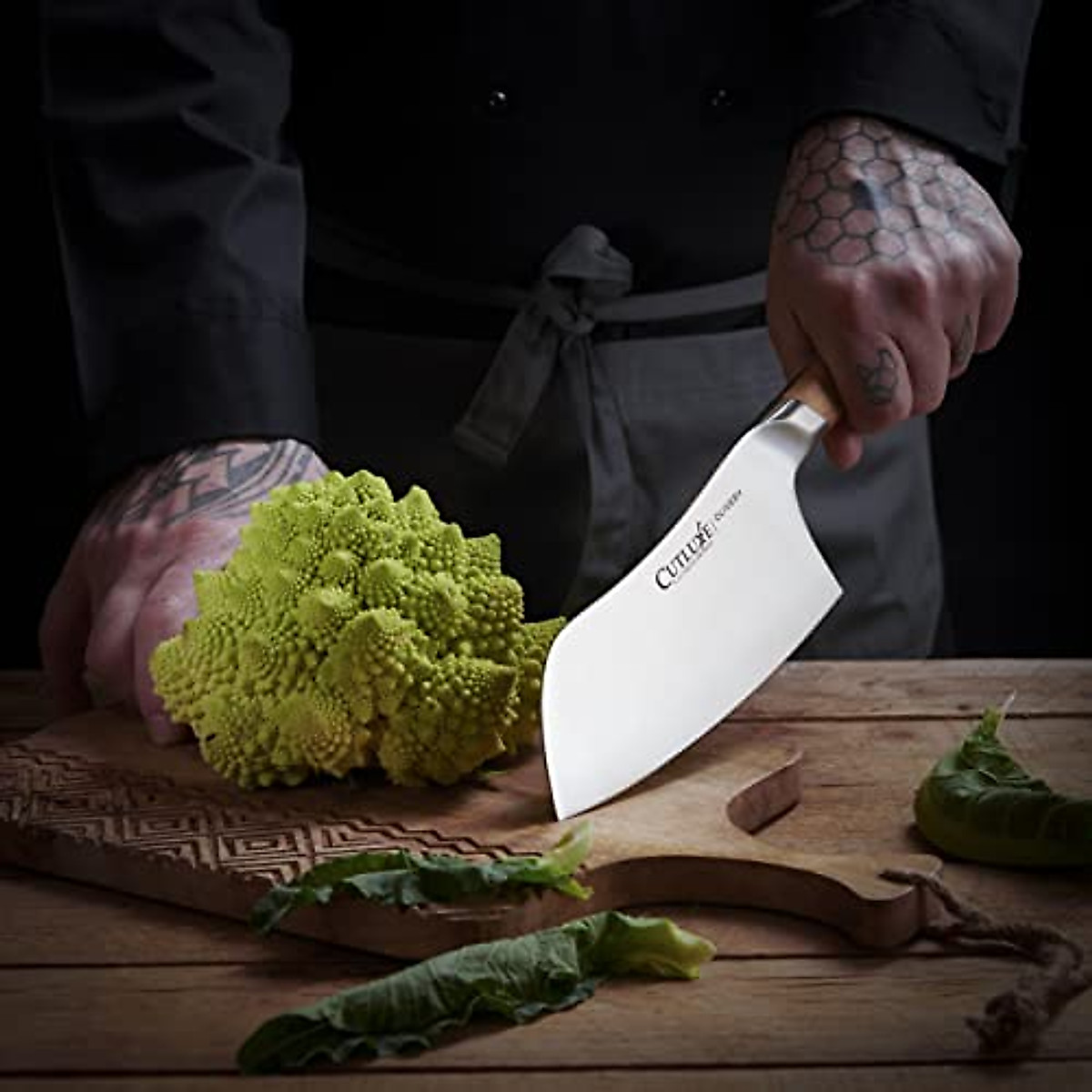CUTLUXE Cleaver Knife - 7" Vegetable and Meat Butcher Knife - Olive Wood Handle – Full Tang – Olivery Series