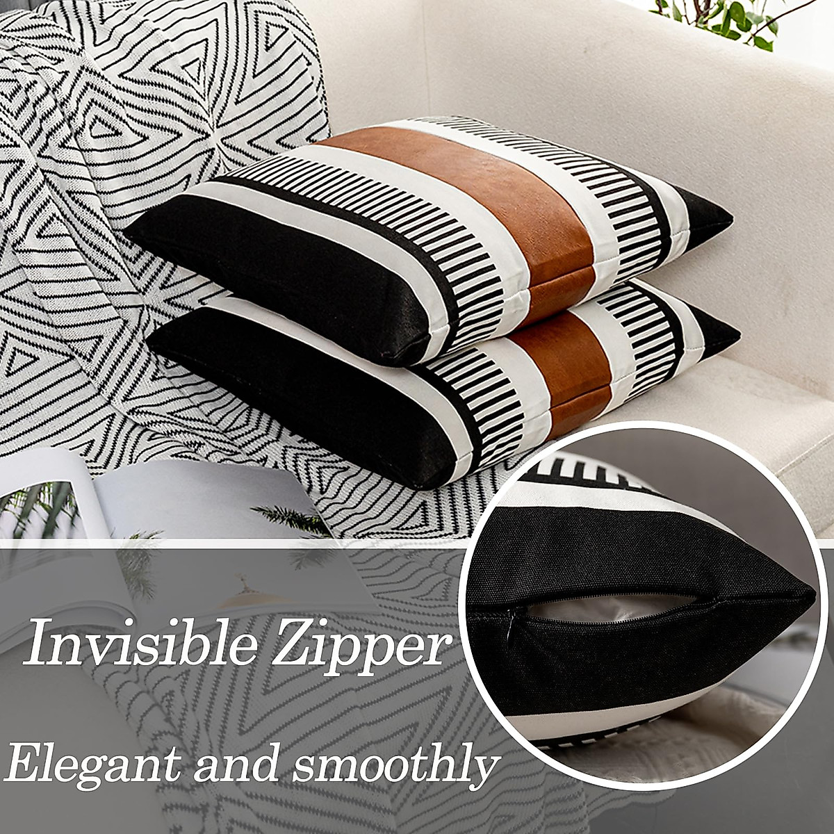 Vfuty Set of 2 Striped Boho Throw Pillow Covers 16x16 inch, Modern Leather Pillow Cover for Couch Sofa Bed, Farmhouse Decor Patchwork Accent Pillowcase, Black