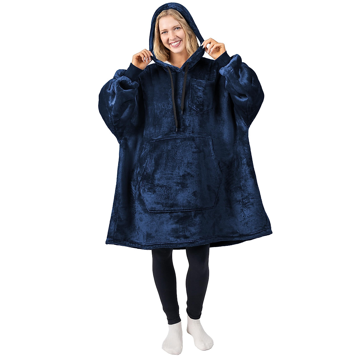 PAVILIA Blanket Hoodie for Women Navy, Sherpa Wearable Blanket Men, Cozy Oversized Sweatshirt Blanket, Warm Fleece Hooded Blanket Sweater with Sleeves and Giant Pocket, Navy Blue