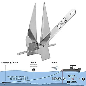 Boat Anchor Qiilu 2kg Boat Anchor for Boats 17 to 22 Feet Stainless Steel Marine Hardware Parts Accessories