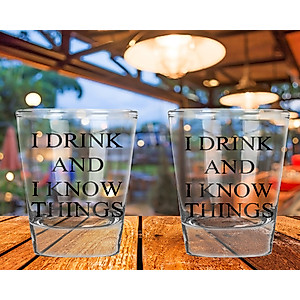 AW Fashions I Drink and I Know Things - Funny Parody Party Shot Glass - 2 Pack Set of Shot Glasses Bachelorette Bachelor Game