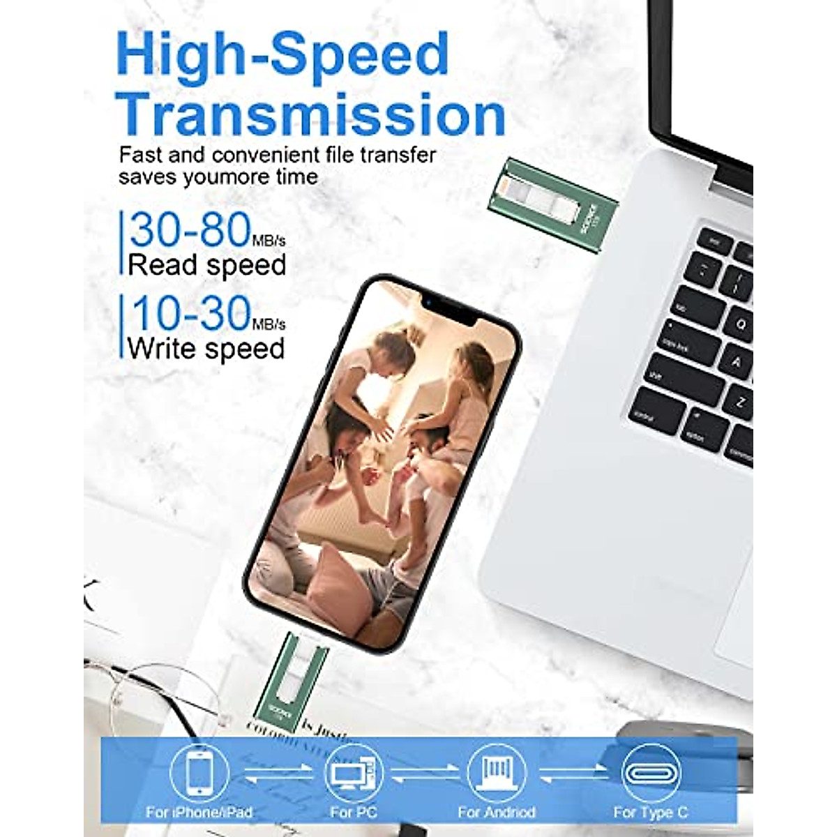 SCICNCE 1TB Photo Stick for iPhone Flash Drive, USB Memory Stick Thumb Drive External Storage Compatible with iPhone iPad Android Computer (Light Green)