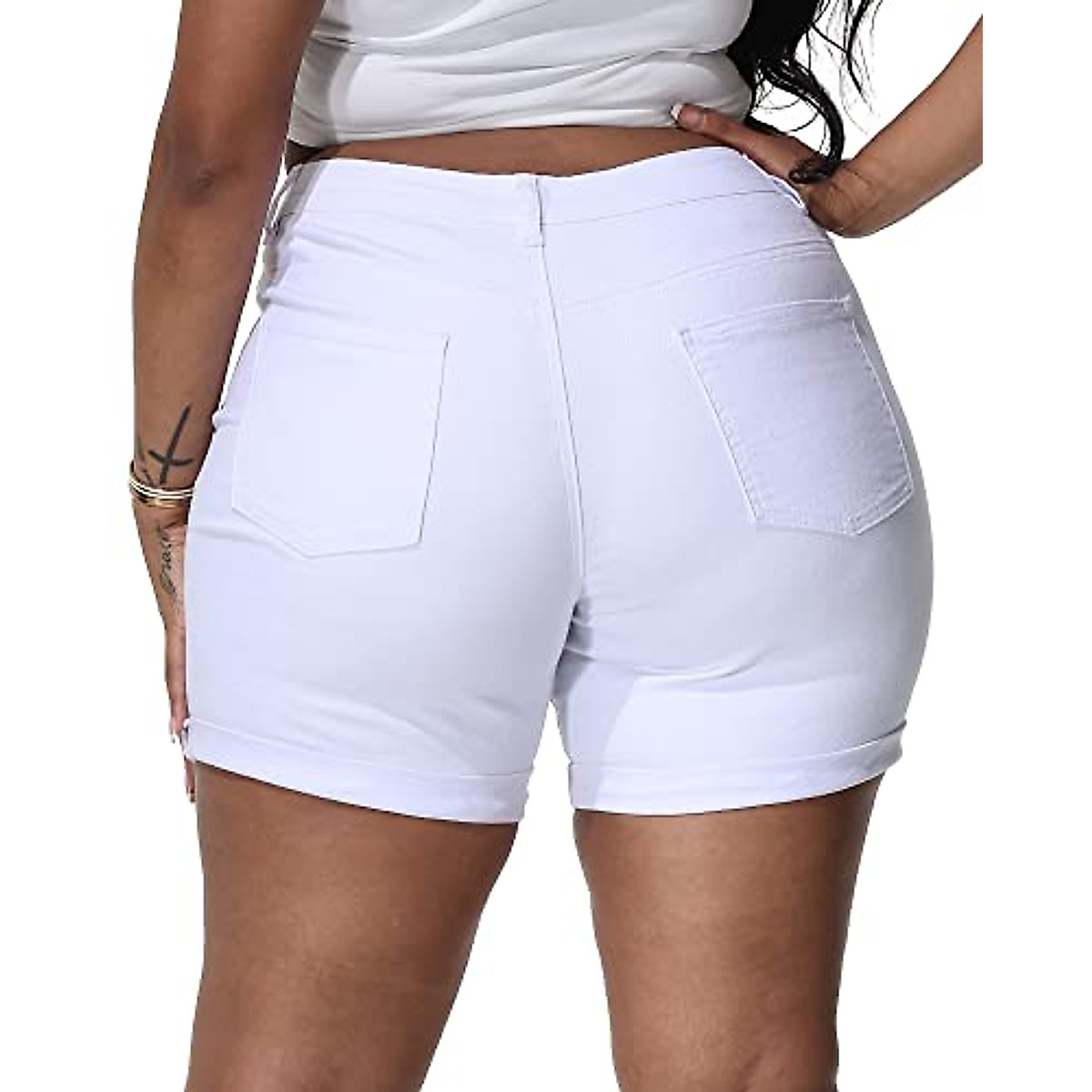 Gboomo Womens Plus Size White Jean Shorts Casual Denim Shorts High Waisted Fold Hem Short Jeans with Pockets 20W