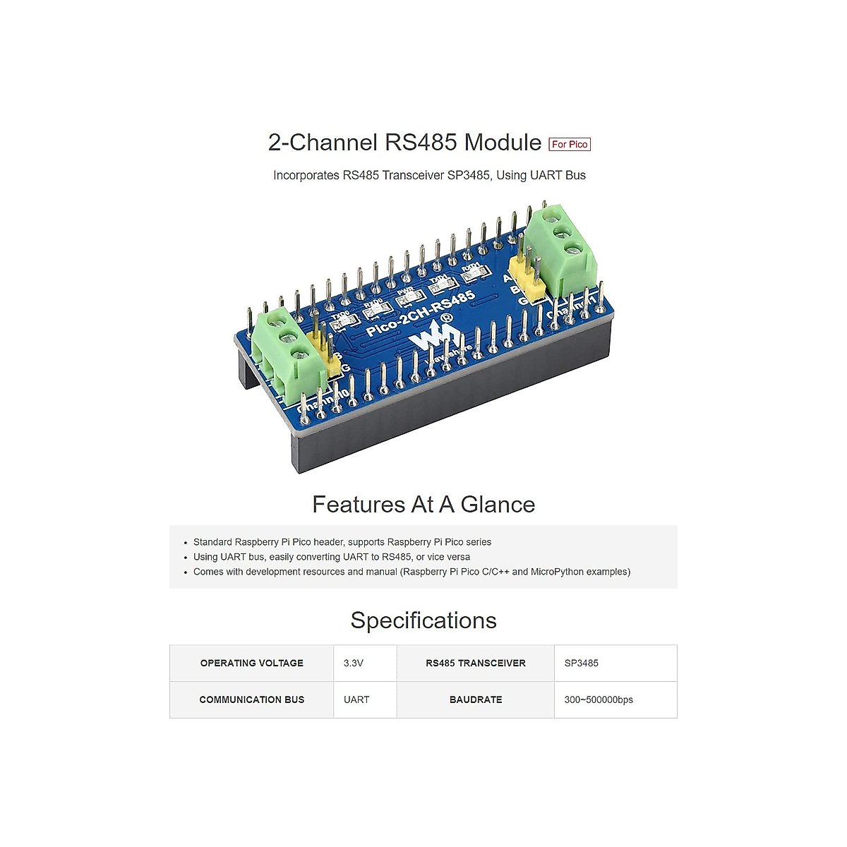 Waveshare 2-Channel RS485 Module Expansion Board for Raspberry Pi Pico, SP3485 Transceiver, UART to RS485, 300500000bps BAUDRATE