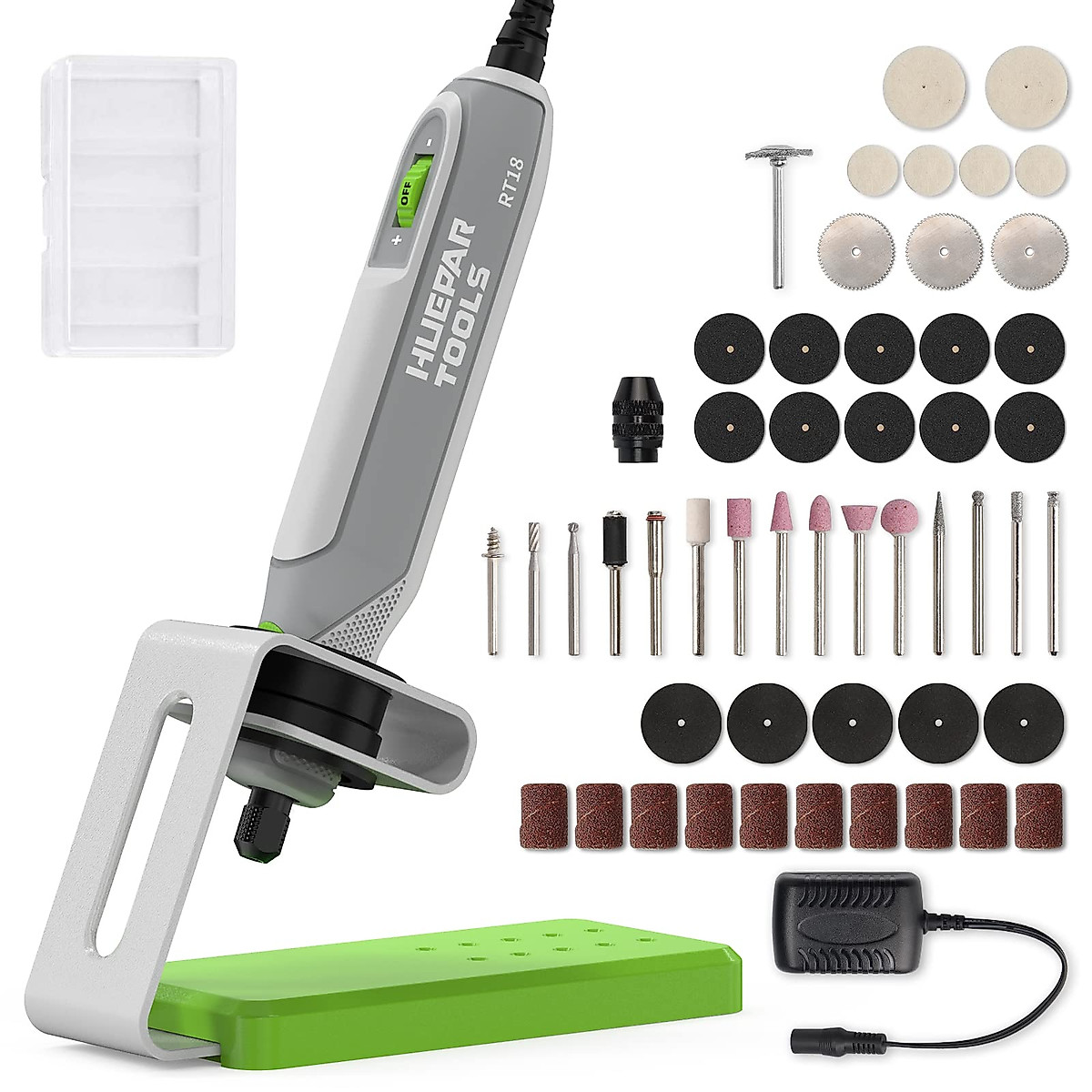 Huepar Tools Rotary Tool kit, Rotary Tool Set with Stand, 51 PCS Accessories(Keyless Chuck), 4 Variable Speed18,000RPM, Ideal for DIY, Woodwork & Hobby Craft, Dremel Compatible - RT18