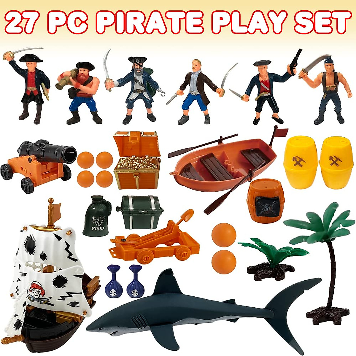 ArtCreativity Pirate Action Figure Playset, Pirate Play Set with Action Figurines, Storage Box, Pirate Ship Toy, Boat, Shark, Treasure Chests, & More, Pirate Party Decorations, Cake Toppers, & Gifts