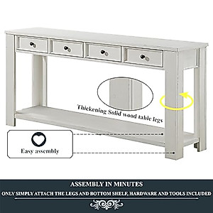 YWUFUART 63" Solid Wood Console Table,Pine Wood Sofa Table with 4 Storage Drawers,Retro Entry Table for Living Room,Hallway,Entryway,Foyer,Antique White