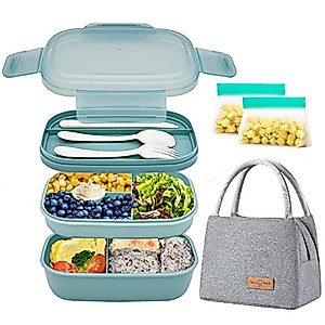 JBGOYON Bento Lunch Box for Kids and Adult, All-in-One Stackable Lunch Container Includes 2 Stackable Container, Built-in Plastic Cutlery Set, Tote Lunch Bag and Snack Packing, BPA Free (Green)