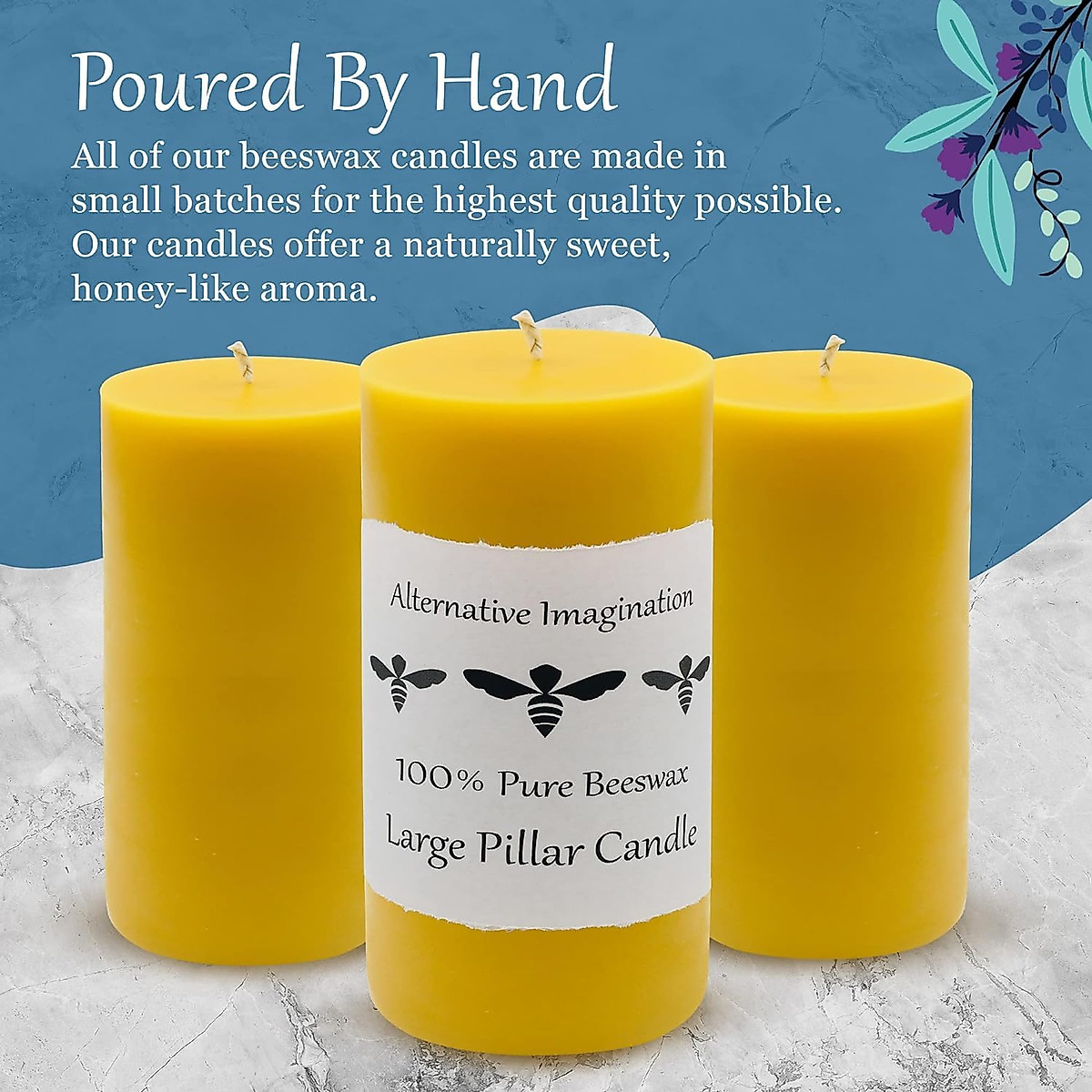Large Beeswax Pillar Candles - 2 Pack of 100% Pure Beeswax Candles - 3x6 Large Candles, Clean Burning, 80 Hours Each - Smokeless, Dripless, Unscented Candles - Alternative Imagination