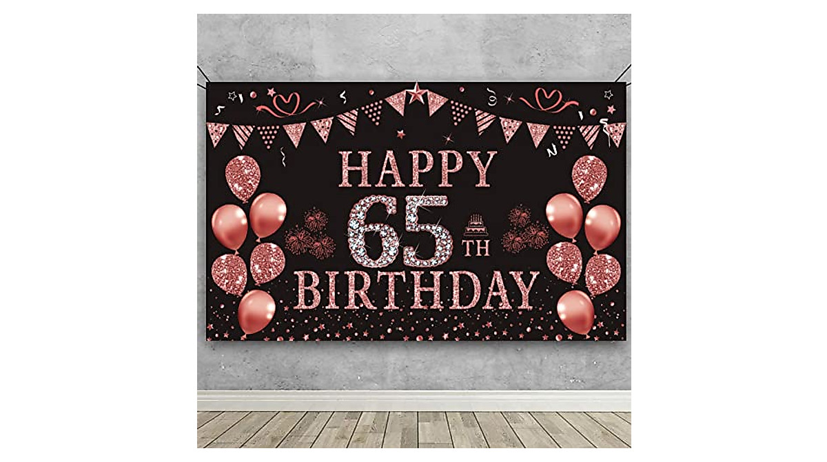 Celebrate Milestone 65th Birthday with Rose Gold Backdrop Banner