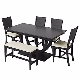Modern Style 6-Piece Half Round Dining Table Set, Wood Kitchen Table Set with Long Bench and 4 Dining Chairs, Dining Room Table Set for 6 People, Living Room Furniture（Gray）