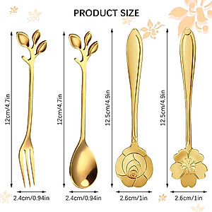 12PCS Leaf Flower Coffee Spoon Set, FULANDL Stainless Steel Tea Spoon Dessert Demitasse Espresso Spoons and Forks, Reusable Tableware Stirring Spoon Ice Cream Spoon for Coffee, Tea, Cake (Gold)