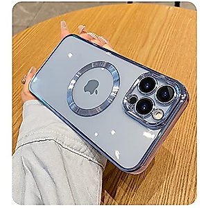 Uioeua Compatible with iPhone 14 Pro Max Magnetic Clear Case,Luxury Plating Bling Transparent Shockproof MagSafe Case with Full Camera Lens Protector for iPhone 14 Pro Max Women Girl Men-Sky Blue