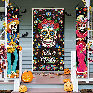3 Pieces Day of the Dead Porch Sign, Mexican Dia De Los Muertos Party Door Decorations, Day of the Dead Sugar Skull Door Banner for Halloween Home Bathtub Birthday Fiesta Party, 11.8 x 70.9 Inches