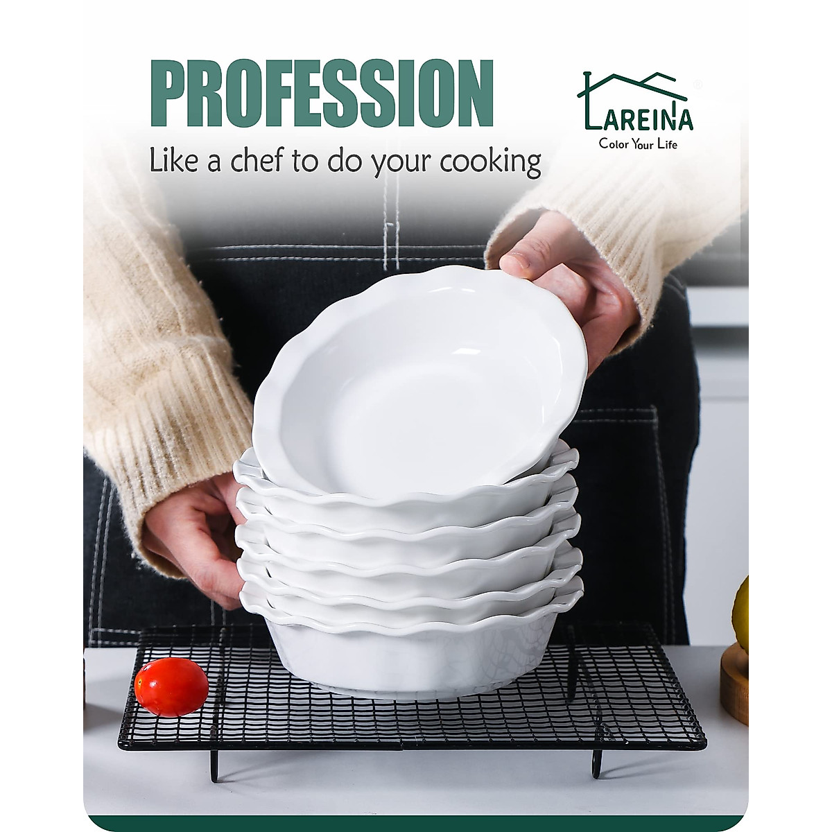 Lareina Mini Pans Set of 6, 6.5 Inch Individual Dish for Baking, 12 oz Small Ceramic Pie Plates for Chicken Pot Pie, Microwave and Dishwasher Safe, Christmas Gifts for Women, White