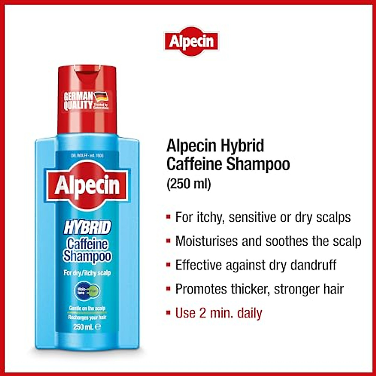 Alpecin Hybrid Caffeine Shampoo for Men with Dry, Itchy, Sensitive Scalps Moisturizes Thinning Hair Natural Hair Growth, 8.45 fl. oz.