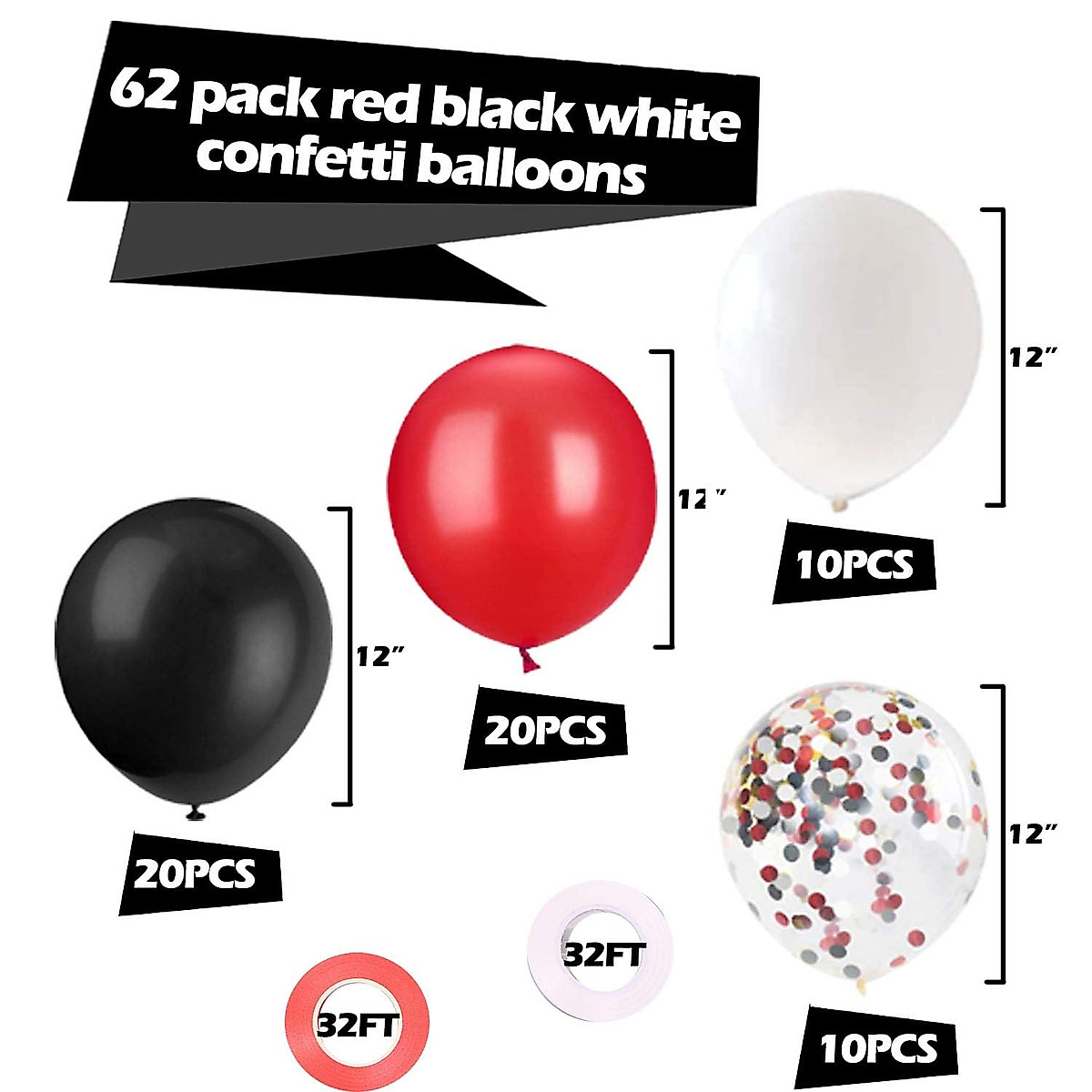62Pcs Red and Black Balloons Kit - 12 Inches Red Black Party Decoration Balloons for Graduation Casino Theme Birthday Party Decorations Supplies