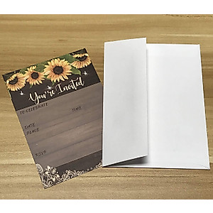 QualityVibe 25 Sunflower, rustic Wood & lace Invitations with 25 Envelopes For Weddings, bridal shower, birthdays, housewarming, retirement, engagements and much more events.