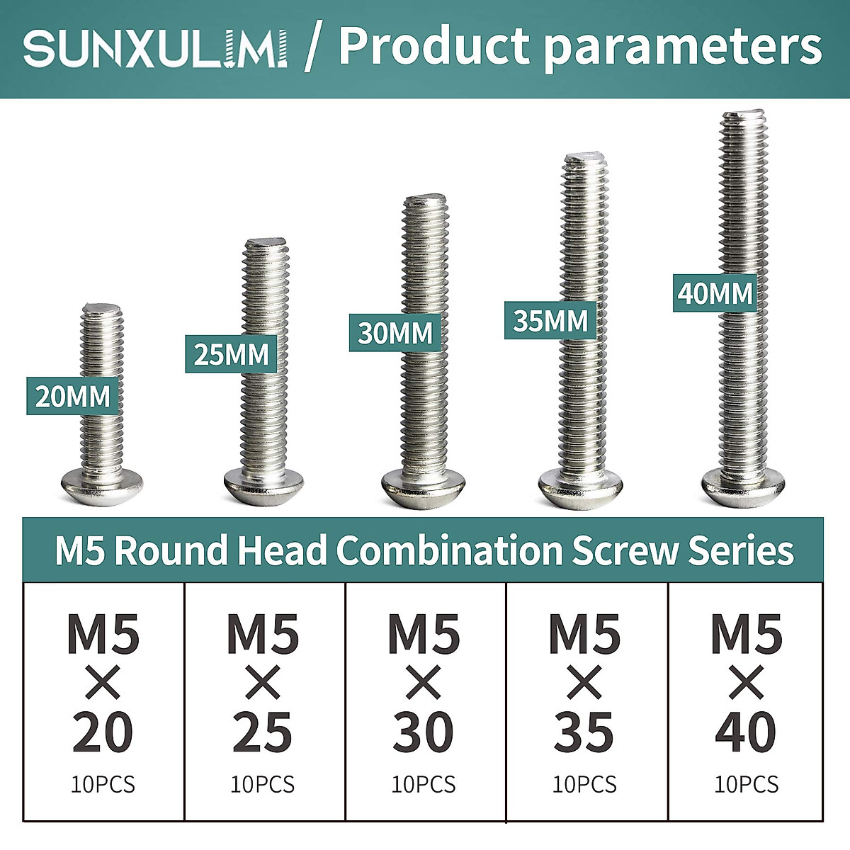 M5 x 20mm 25mm 30mm 35mm 40mm Button Head Socket Cap Screws Bolts, 304 Stainless Steel, Bright Finish, Metric Allen Hex Drive, Fully Threaded, 50PCS