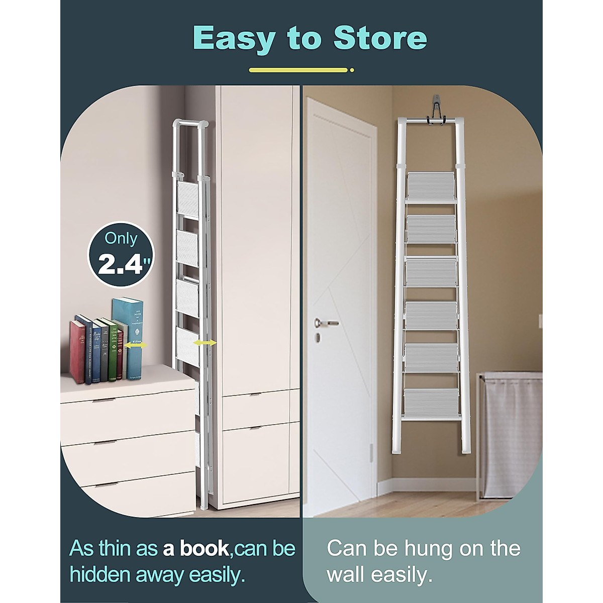 COROCO 6 Step Ladder for 12 Feet High Ceiling, Folding Step Stool with Handgrip and Anti-Slip Wide Pedal, Portable Lightweight Aluminum Stepladder for Kitchen, Home (300 lbs Capacity) - White