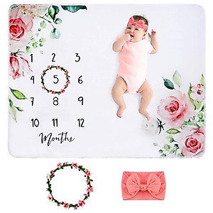 AMAHLE Baby Monthly Milestone Blanket for Girl Boy- Bonus: Wreath + Headband- Premium Fleece with 3D Digital Printing | Best Baby Shower | Newborn Photography