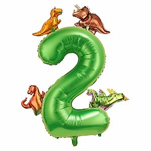 Dinosaur Balloon Set, 40 Inch Large Aluminum Foil Number Balloon with 4 Styles Cute Dinosaur Balloon Green Dinosaur Balloons for Birthday Party, Anniversary Theme Party Decoration (Number 2)